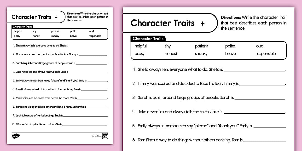 Second Grade Character Traits Adjective Worksheet - Twinkl
