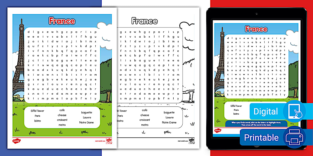 France Word Search for K-2nd Grade (Teacher-Made) - Twinkl