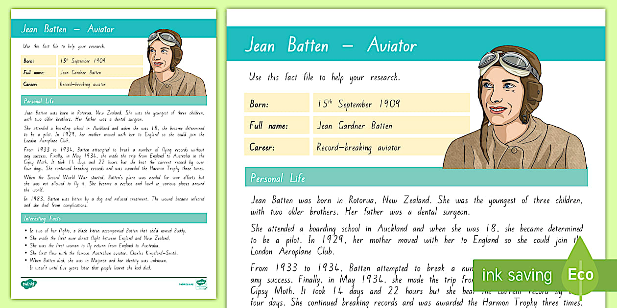 Term 2 Week 9 Year 5 and 6 Chapter Chat Jean Batten Fact File to Support