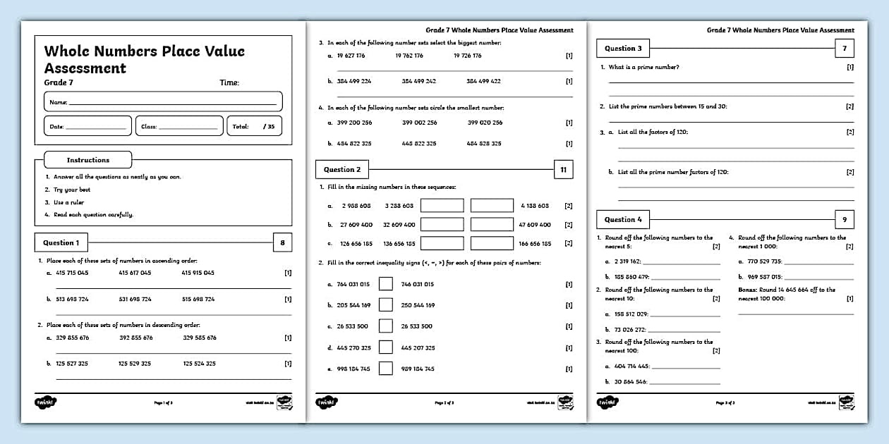 Grade 7 Whole Numbers Place Value Assessment - Twinkl