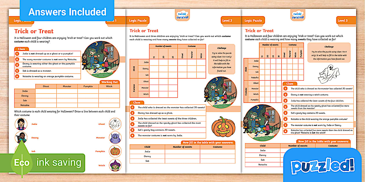 Fun Halloween Trick or Treat Logic Puzzle Pack - Kids Puzzle