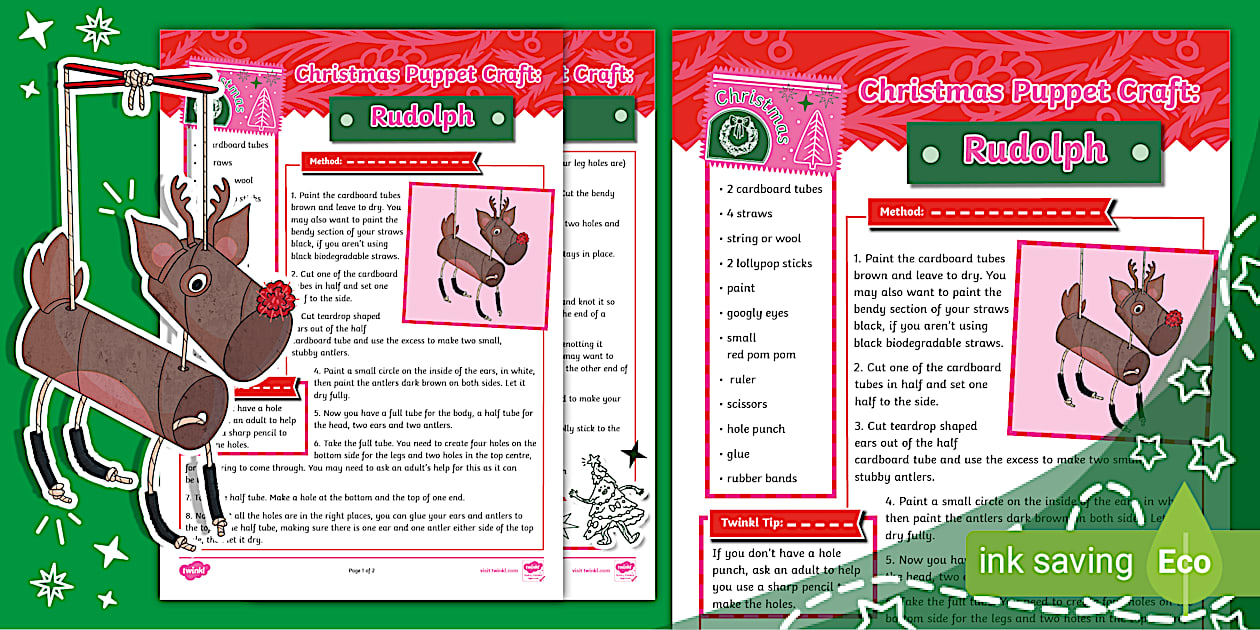 Christmas Puppet Craft: Rudolph (teacher made) - Twinkl