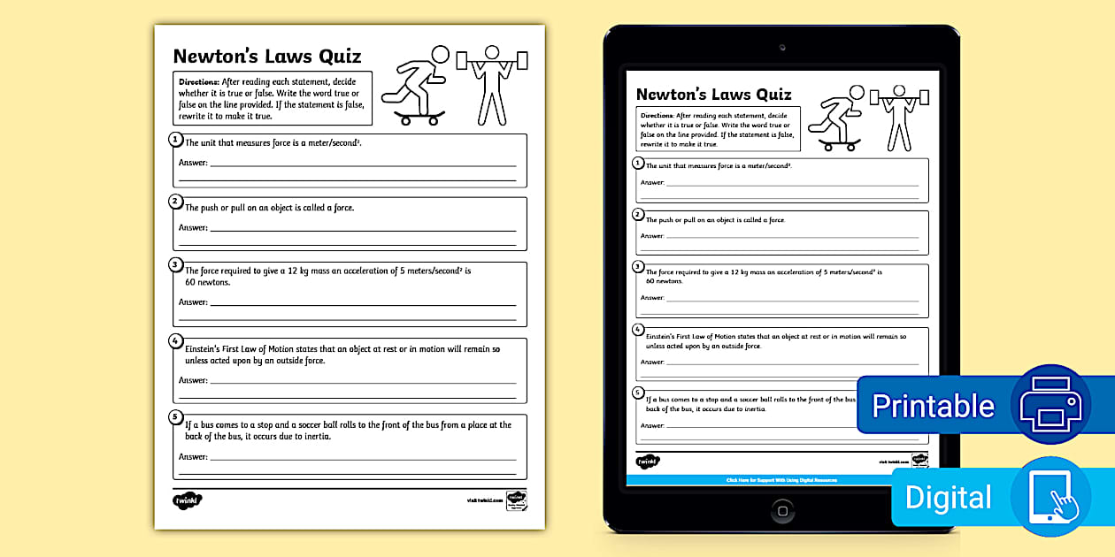 Newton's Laws True or False Quiz for 6th-8th Grade