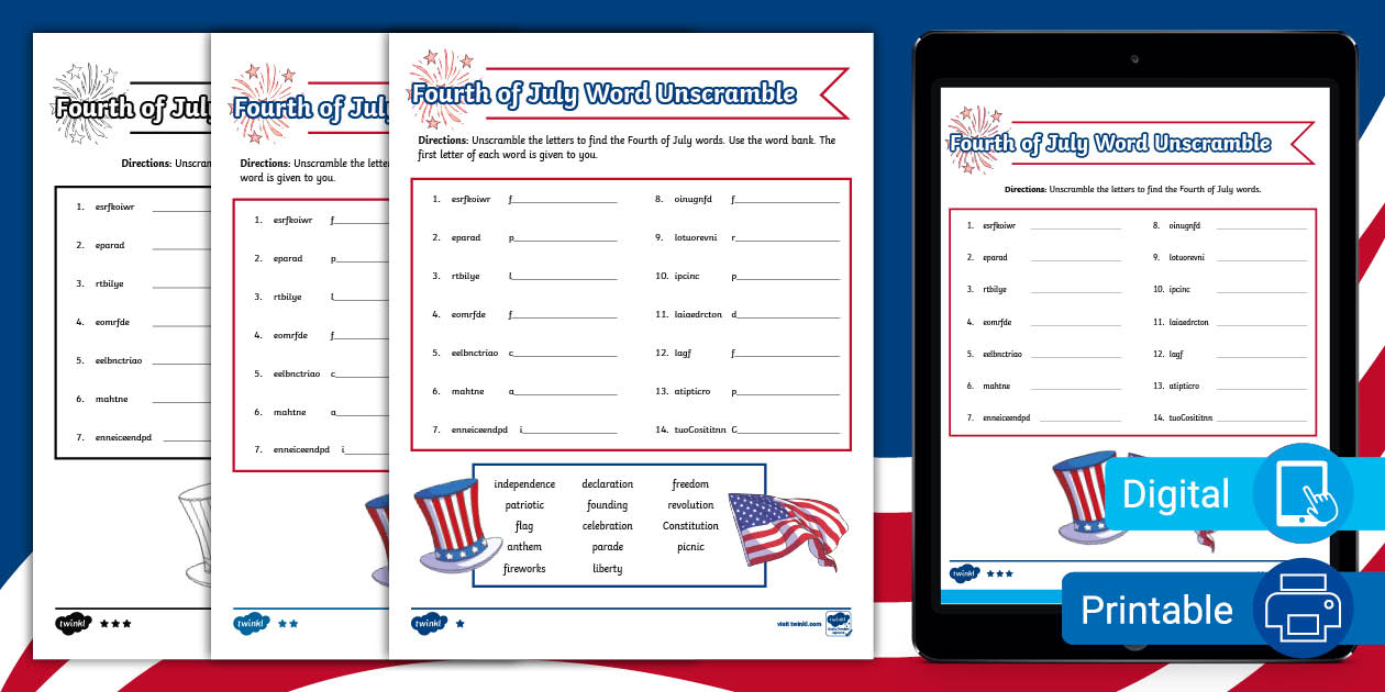 Fourth of July Differentiated Word Unscramble for 6th-8th
