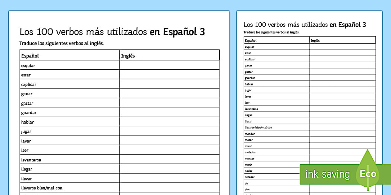 100 High Frequency Spanish Verbs 3 Worksheet / Worksheet