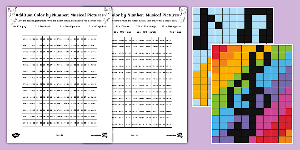 Color by Number Addition Activities: Musical Pictures