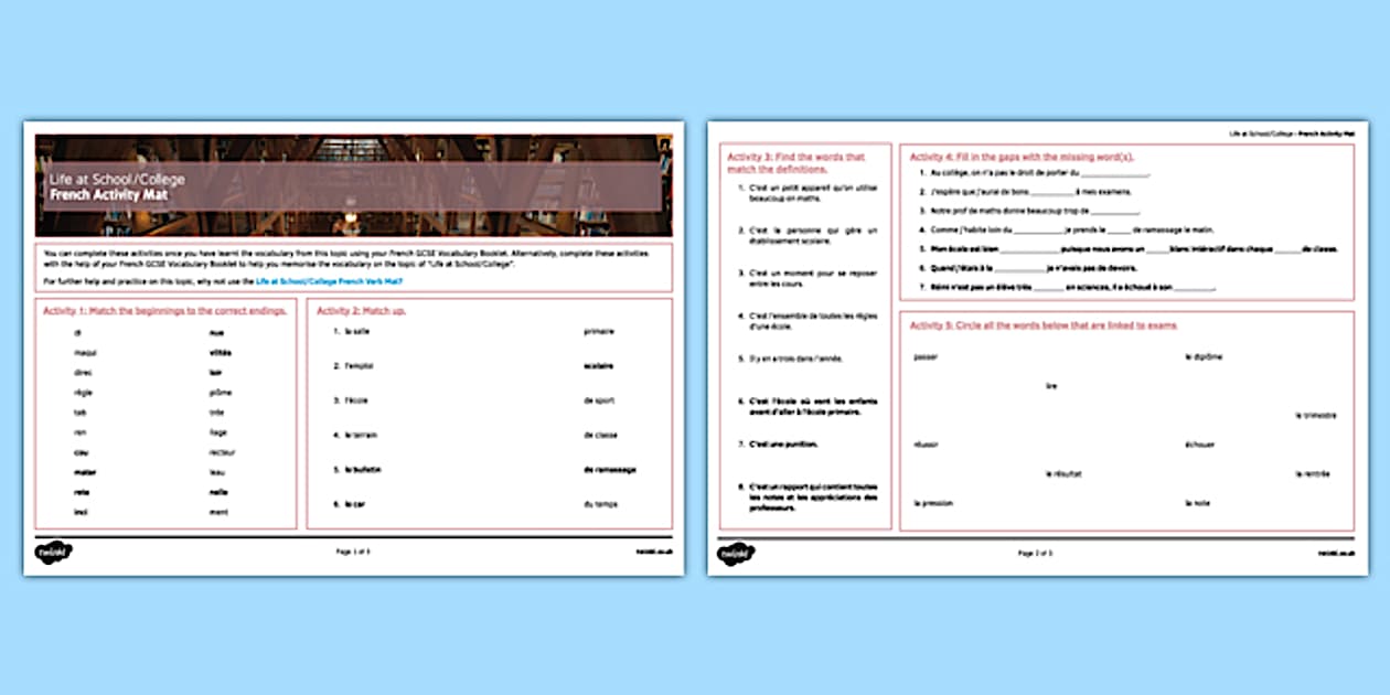 Life at School College French Activity Mat (teacher made)