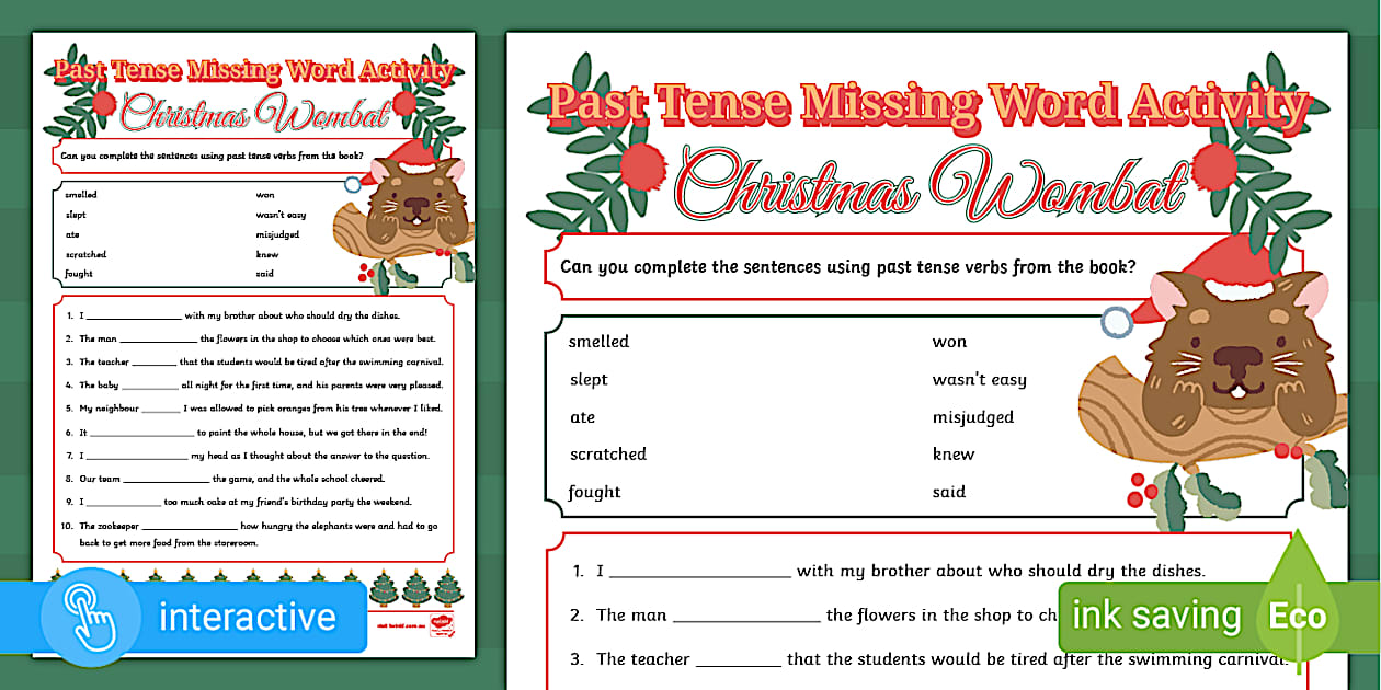 Past Tense Activity Sheet to Support Teaching on Christmas Wombat