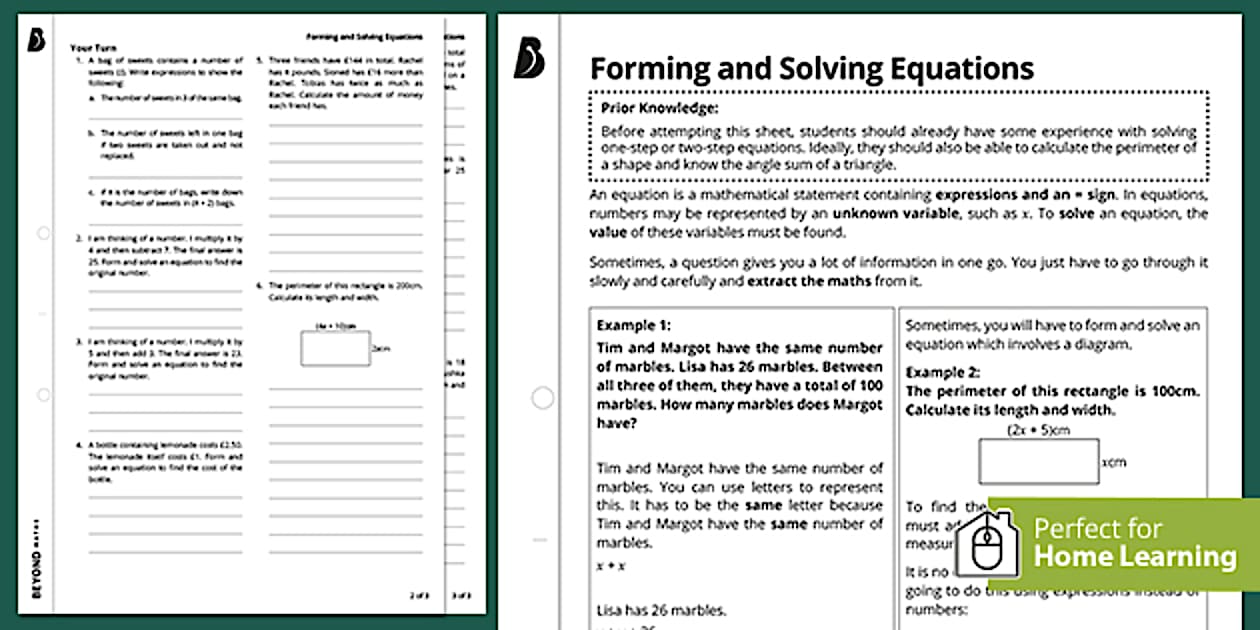👉 Year 7 - Year 10 Maths Forming & Solving Equations Worksheet