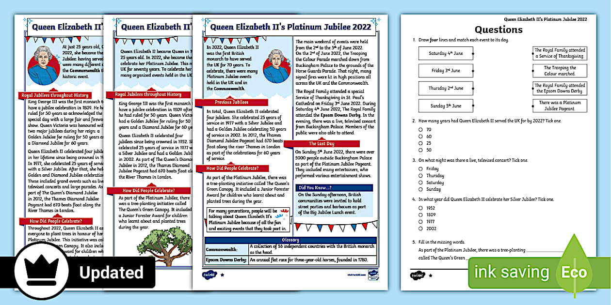 LKS2 The Queen's Platinum Jubilee Comprehension Activity