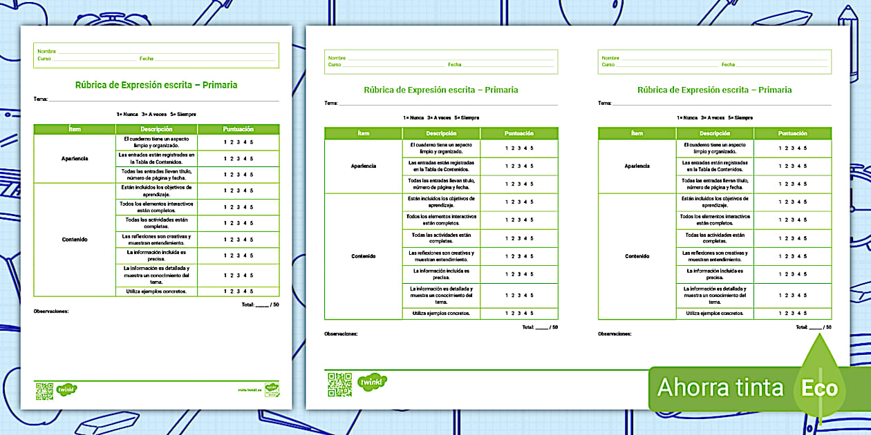 Rúbrica de Primaria de expresión escrita - Twinkl