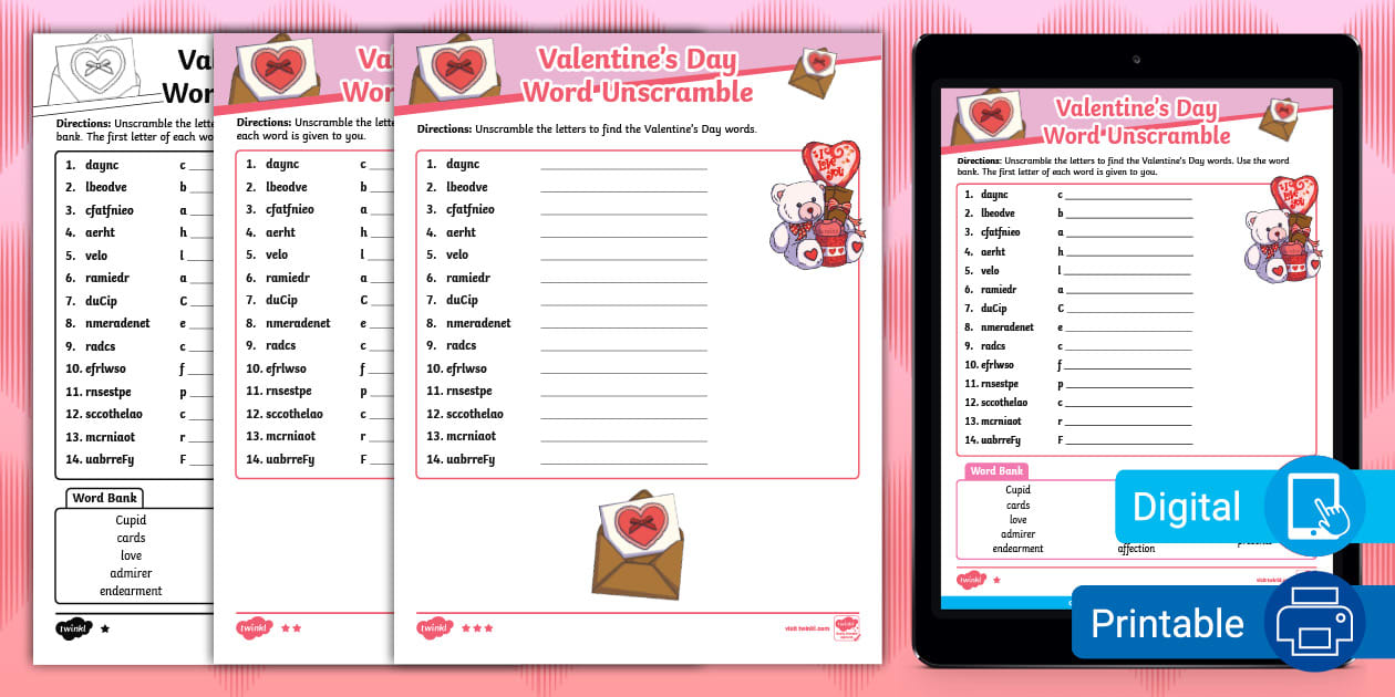 Valentine’s Day Differentiated Word Unscramble for 6th-8th