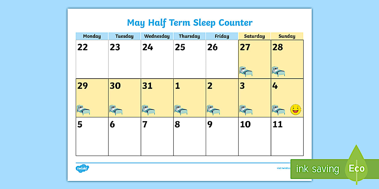 May Half Term Sleep Counter Worksheet / Worksheet - Twinkl