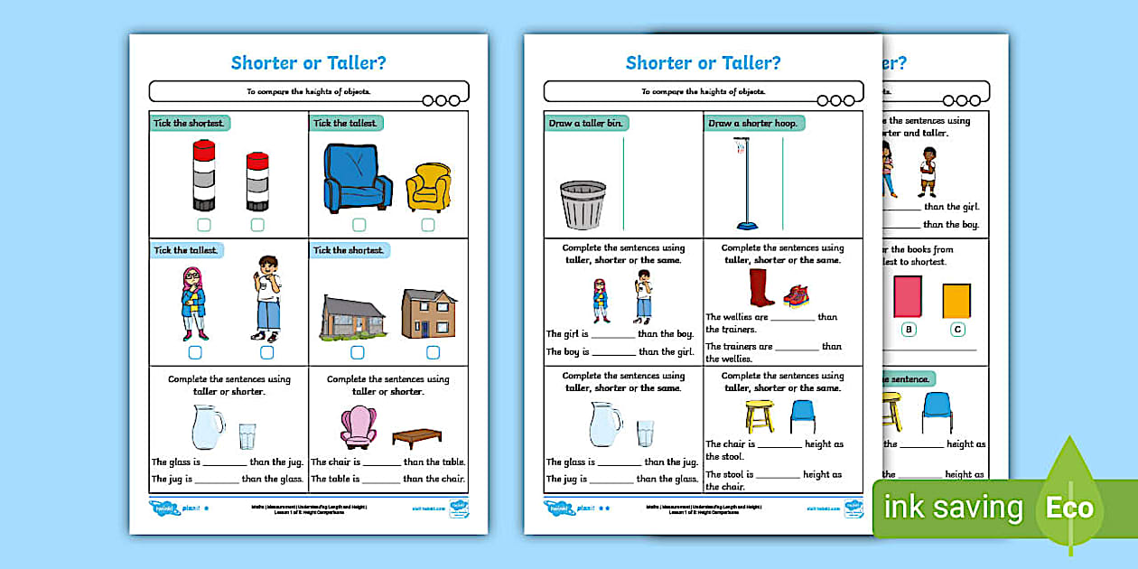 Black and White Shorter or Taller Worksheets - Twinkl