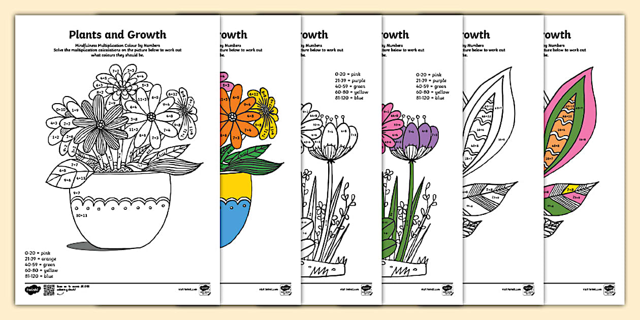 Plants and Growth Themed Mindfulness Mixed Times Table Colour By Number
