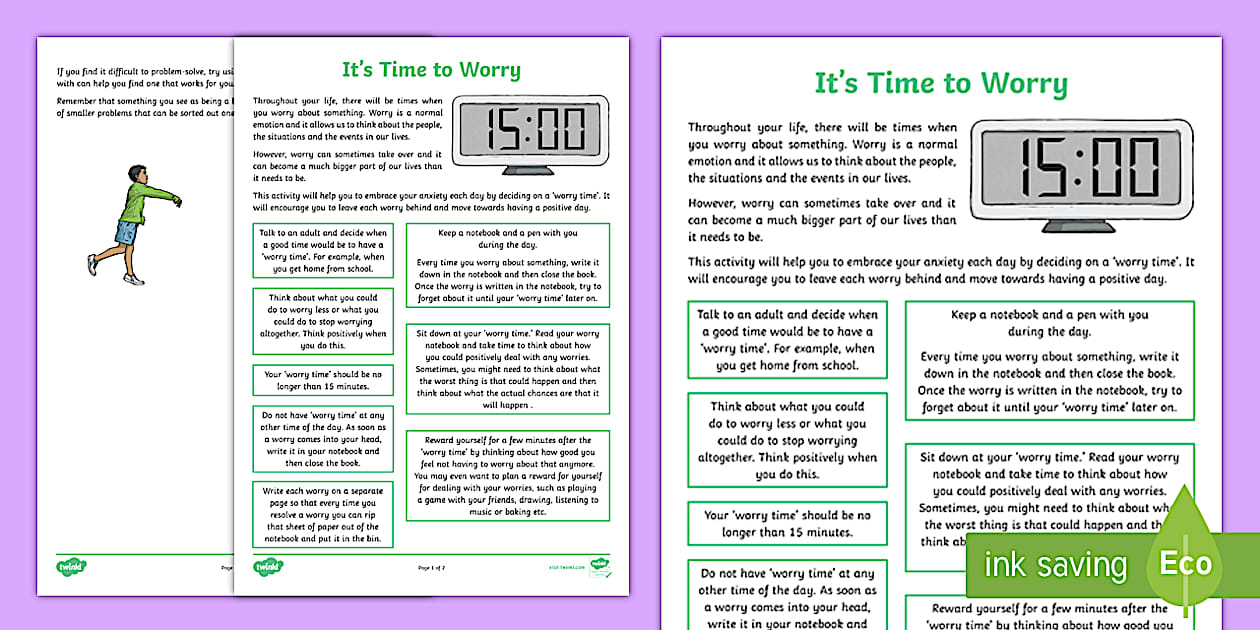 It's Time to Worry Worksheet (teacher made) - Twinkl