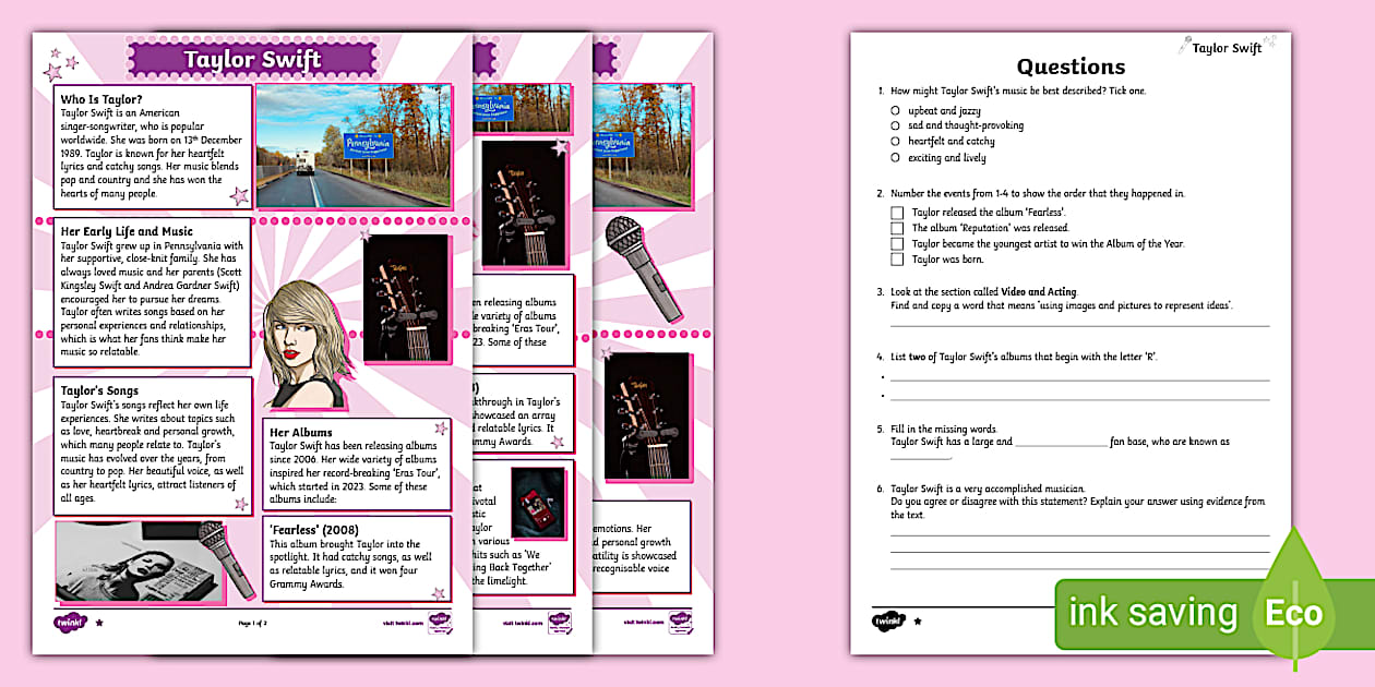 UKS2 Taylor Swift Reading Comprehension Activity - Twinkl