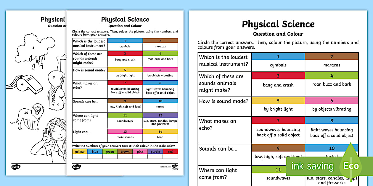 TAS Year 1 Physical Science Questions and Colouring Worksheets