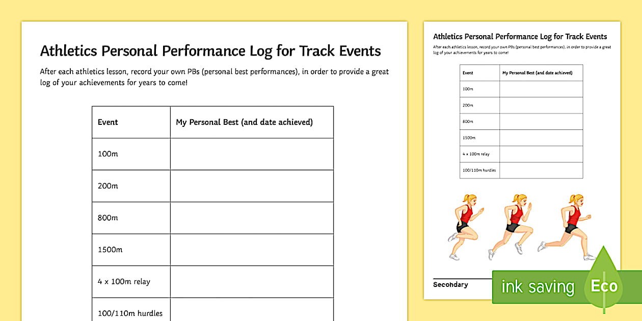 Editable Athletics: Track Events Personal Best Record Sheet Worksheet