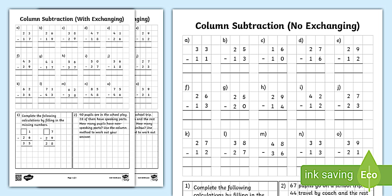 2-Digit Column Subtraction Activities - Twinkl