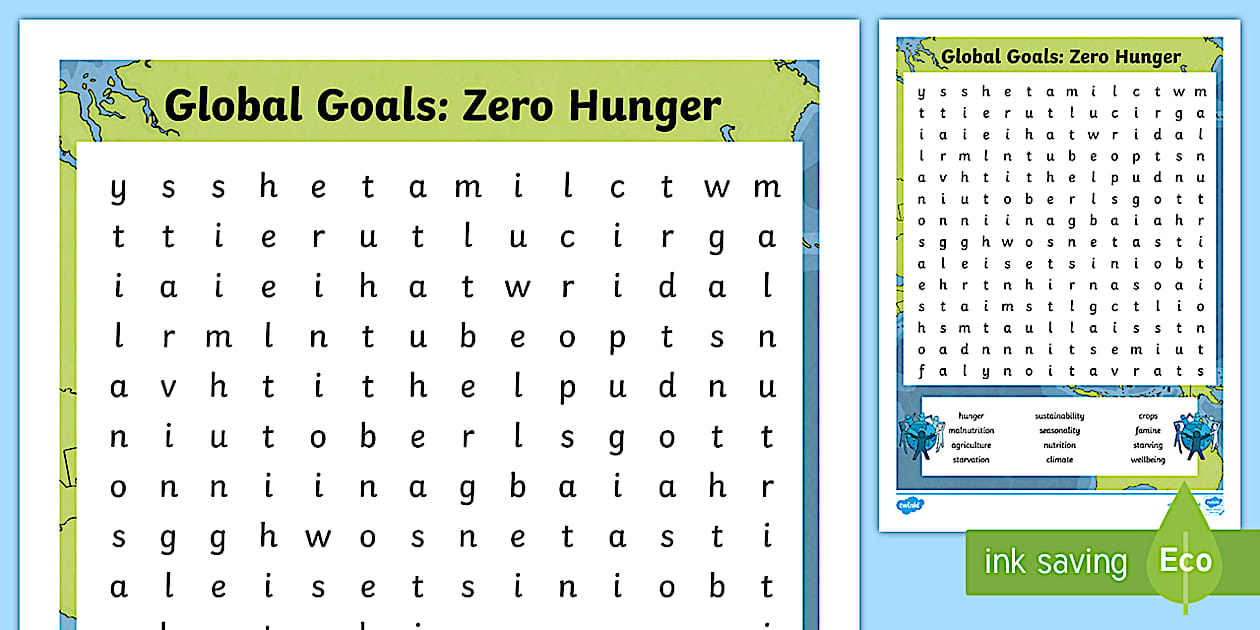 Black and White Global Goals Zero Hunger Word Search