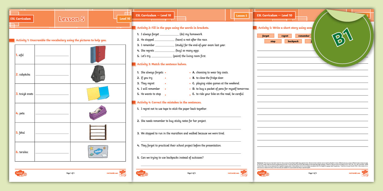 ESL Curriculum Level 10, Lesson 5 Activity Sheet on Twinkl