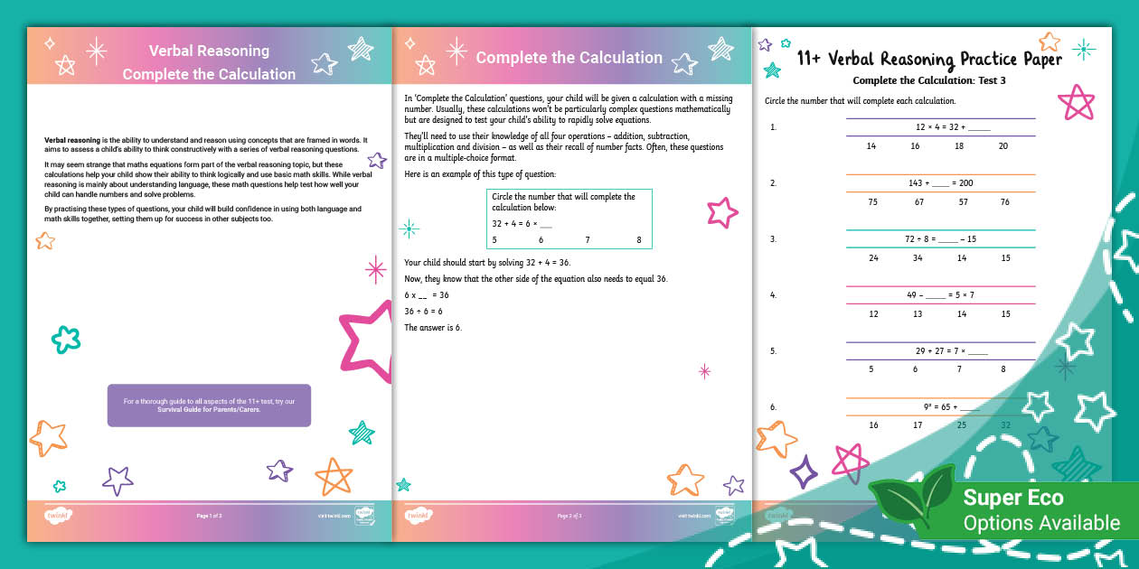 11+ Verbal Reasoning Practice Paper: Complete the Calculation 3 Assessment