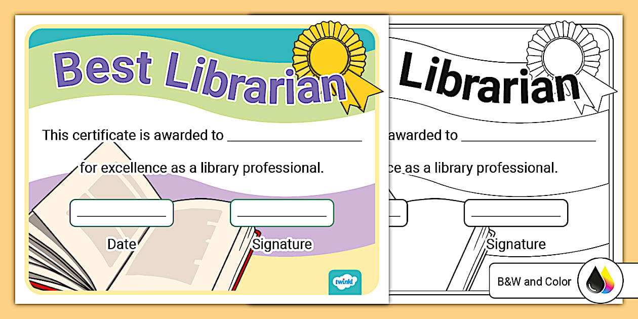 Best Librarian Award Certificate (teacher made) - Twinkl