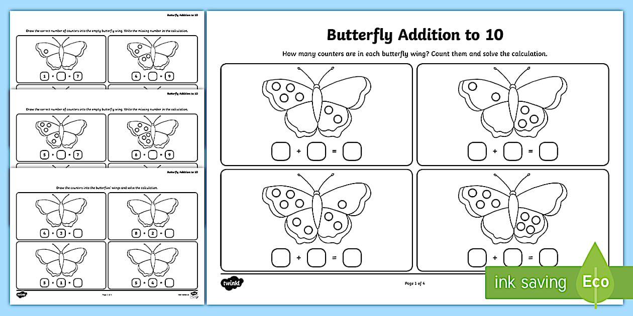 Butterfly Addition to 10 Worksheets (teacher made) - Twinkl