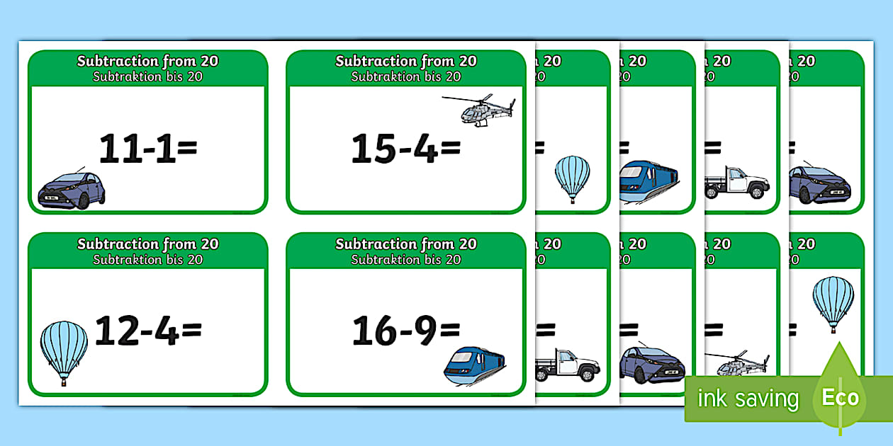 Subtraction From 20 Cards English/German (teacher made)