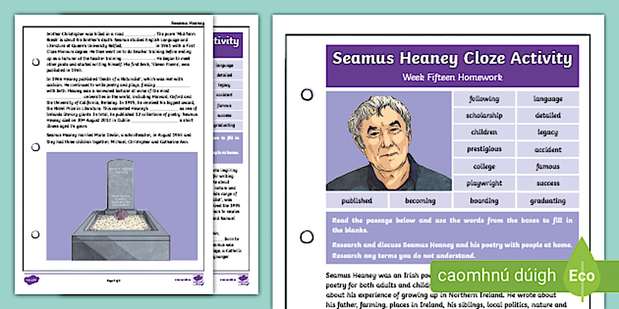 Seamus Heaney Cloze Activity Week Fifteen Homework Gaeilge