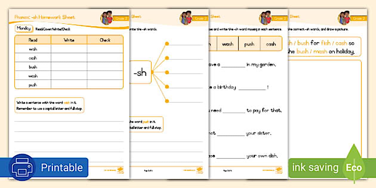 Grade 2 Phonics: -sh Homework Sheet (teacher made) - Twinkl
