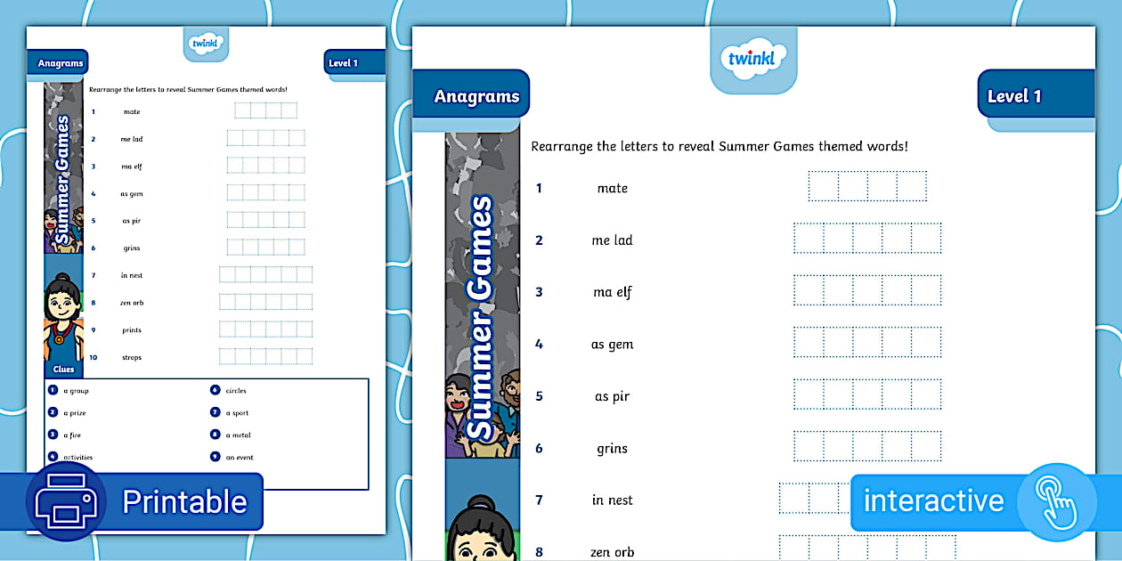 Summer Games Anagrams – Level 1 – Twinkl – Kids Puzzles