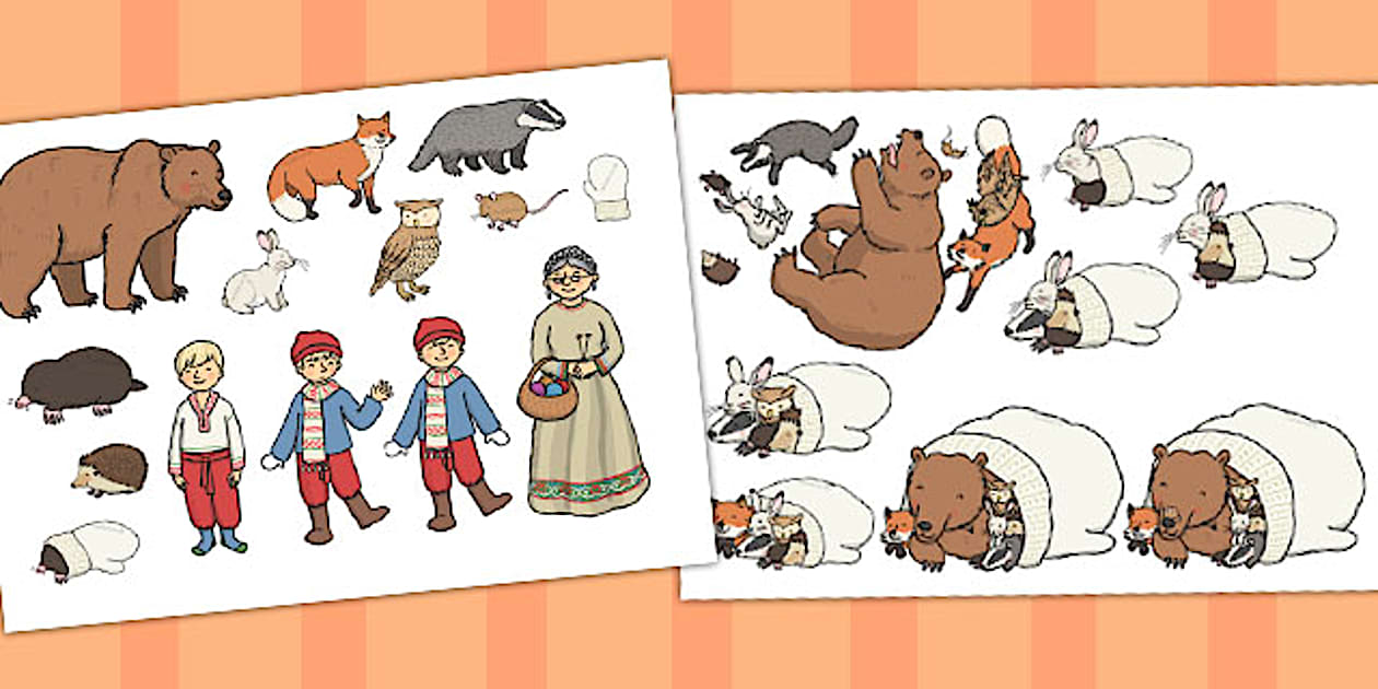 Black and White The Mitten Story Cut Outs (teacher made)