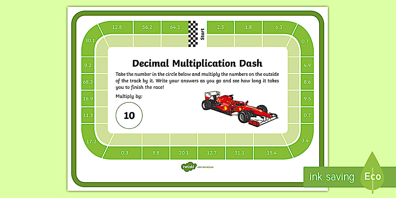 Multiplying by 10 Decimals Race Worksheet - Twinkl