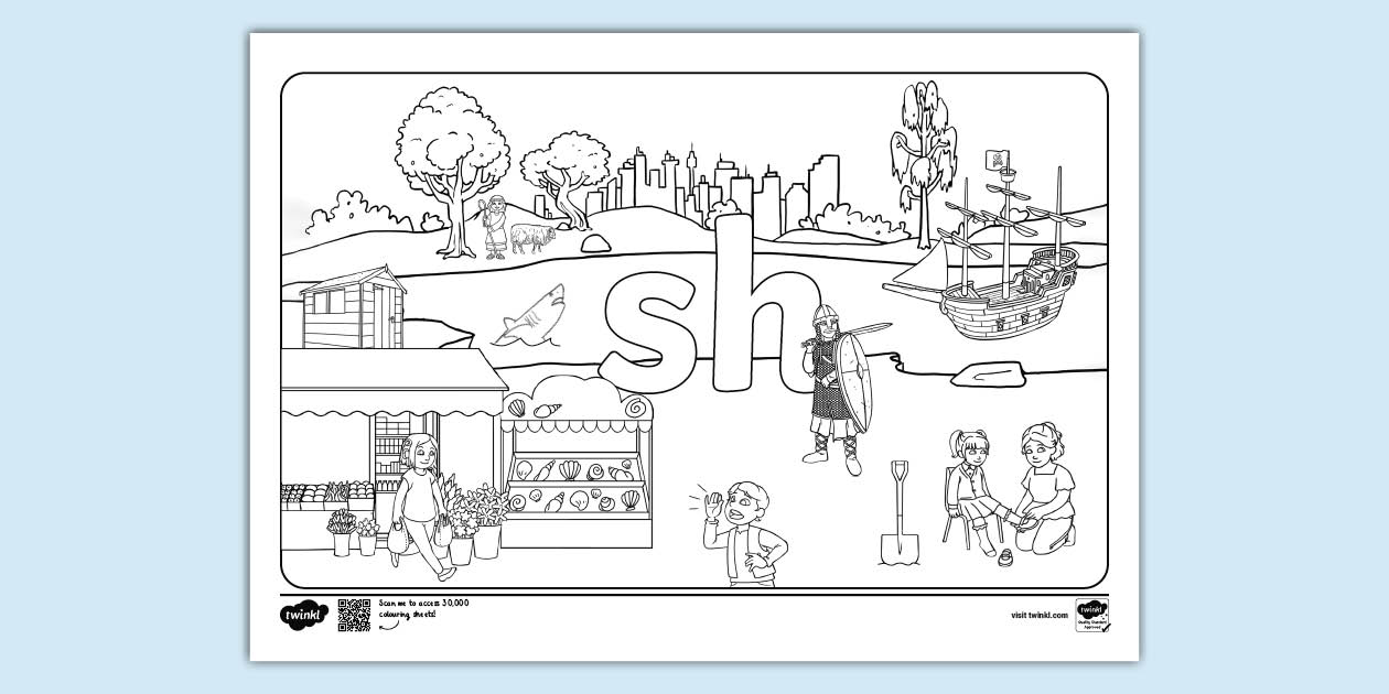 'sh' Sound Loaded Colouring Sheet (Teacher-Made) - Twinkl