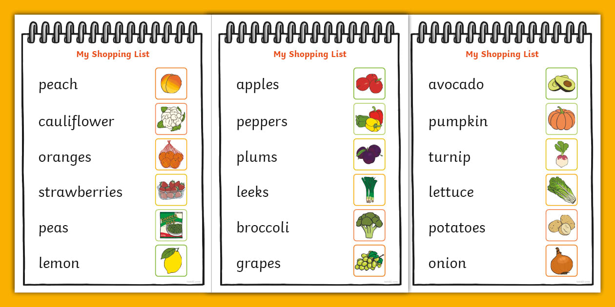 Fruit and Vegetable Shopping List Cards (teacher made)