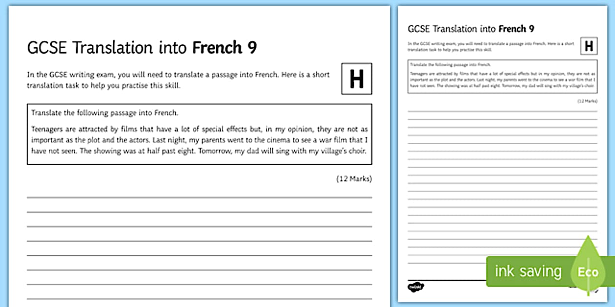 GCSE French Translation into French 9 Higher Tier Worksheet - KS4