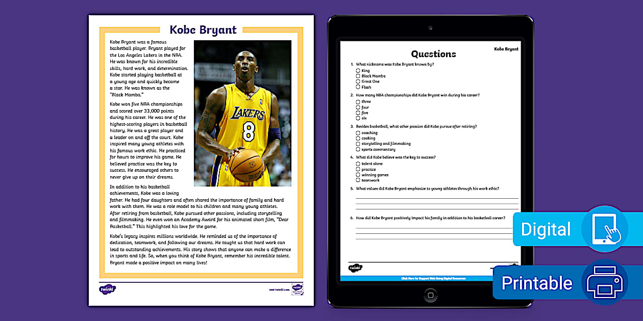 Third Grade Kobe Bryant Reading Comprehension Worksheet