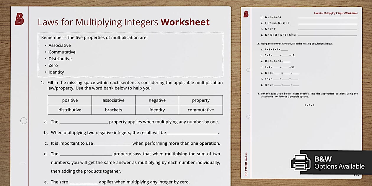 Laws for Multiplying Integers Worksheet - Beyond Maths