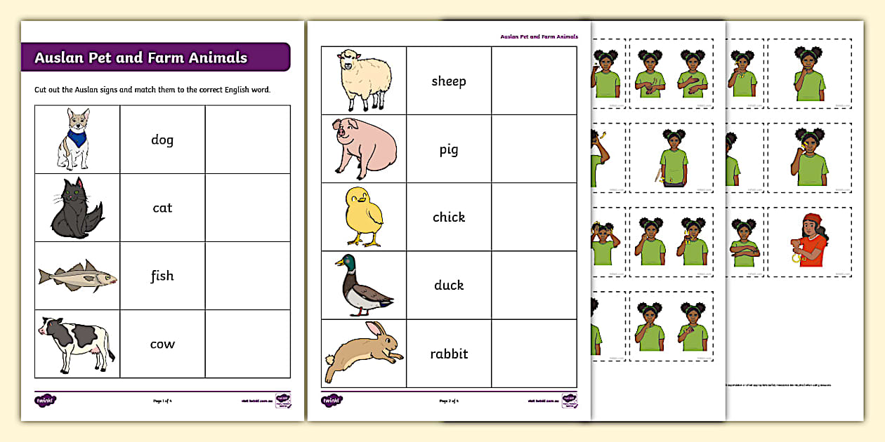 Auslan Pet and Farm Animals Cut and Paste Activity - Twinkl
