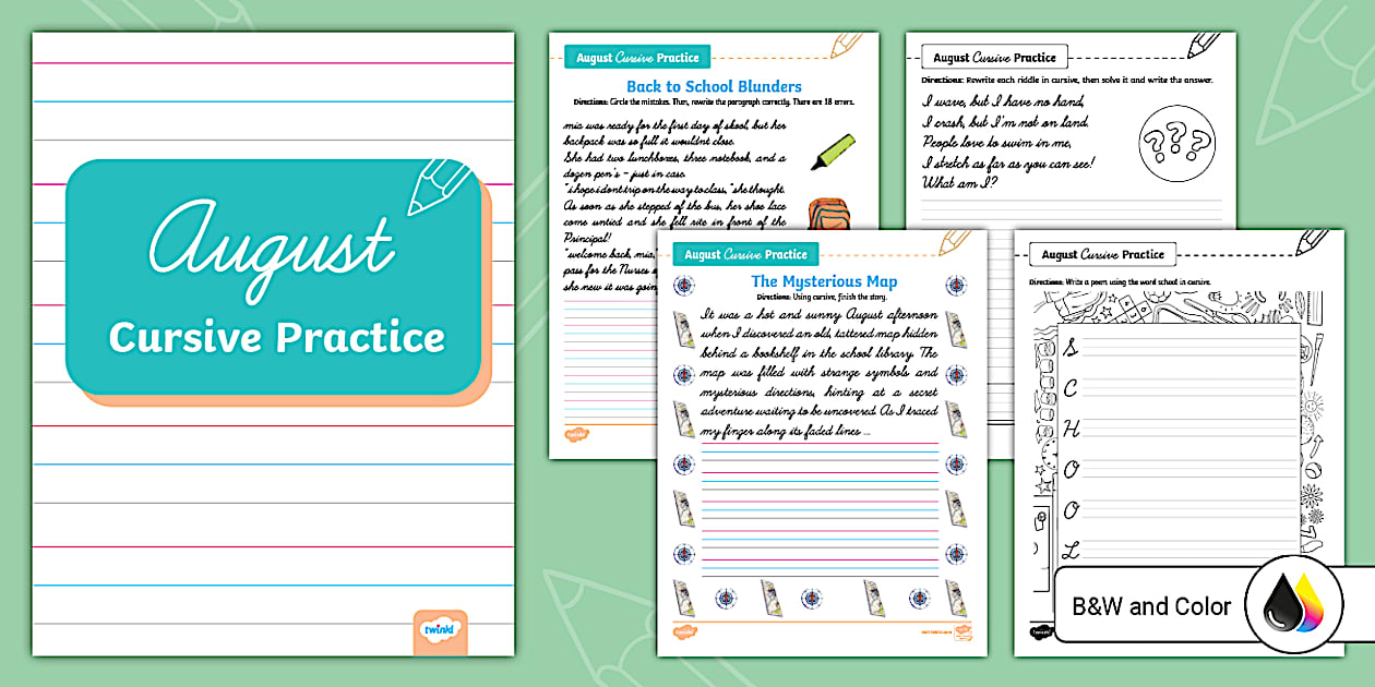 Fifth Grade August Cursive Practice Pack