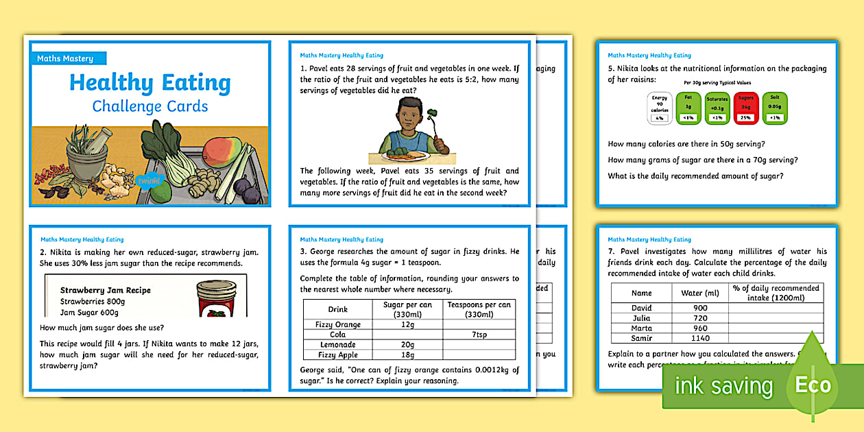 UKS2 Healthy Eating Maths Mastery Challenge Cards - Twinkl