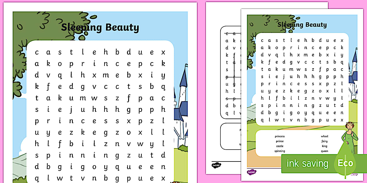 Black and White Sleeping Beauty Word Search - Twinkl