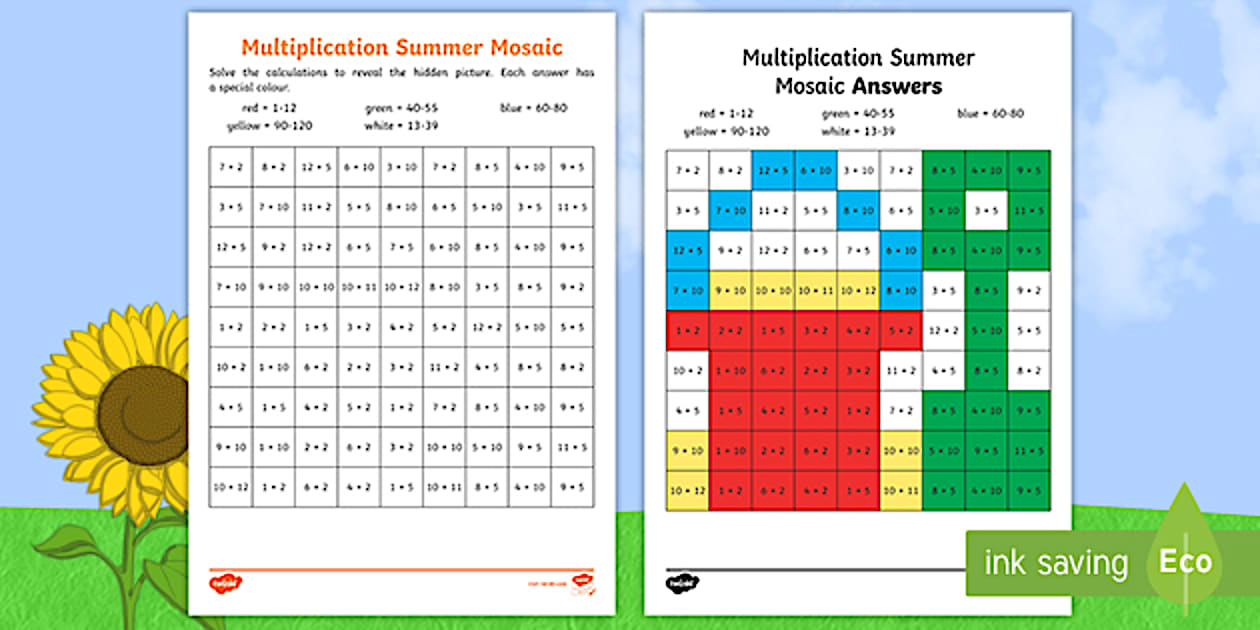 Summer-Themed Multiplication Mosaic Worksheet (teacher made)