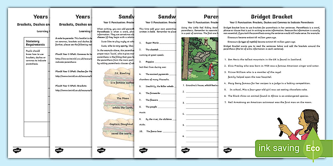 Editable Year 5 Punctuation: Brackets, Dashes and Commas to Indicate