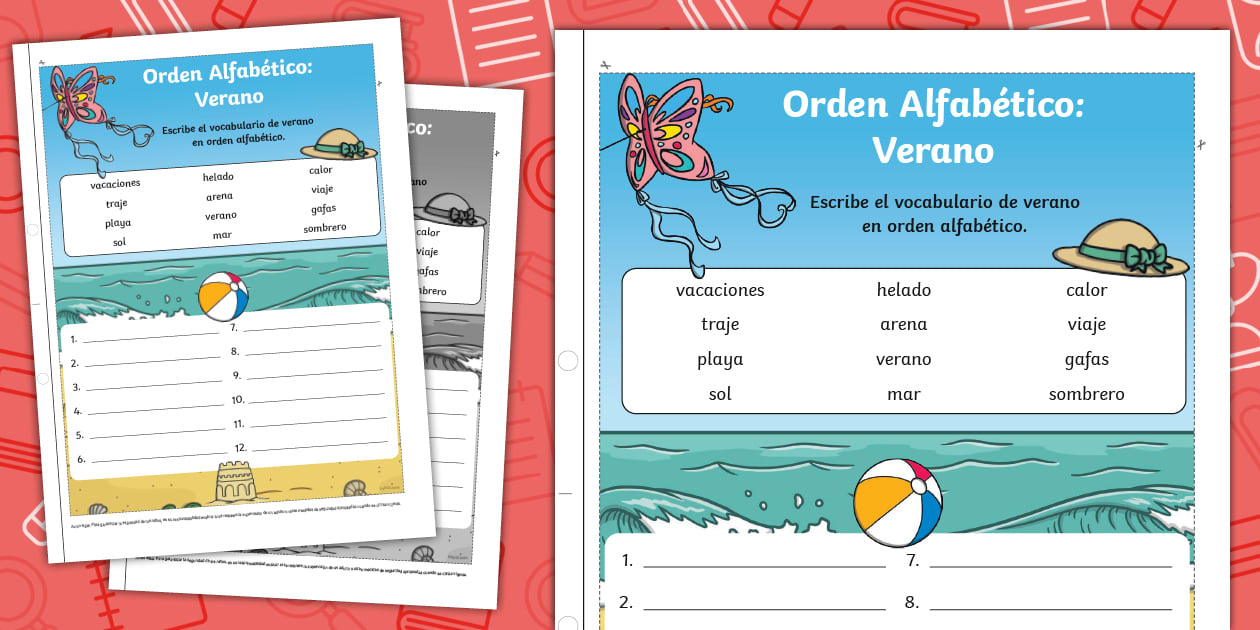 Guía de Trabajo: Orden Alfabético - Verano - Twinkl