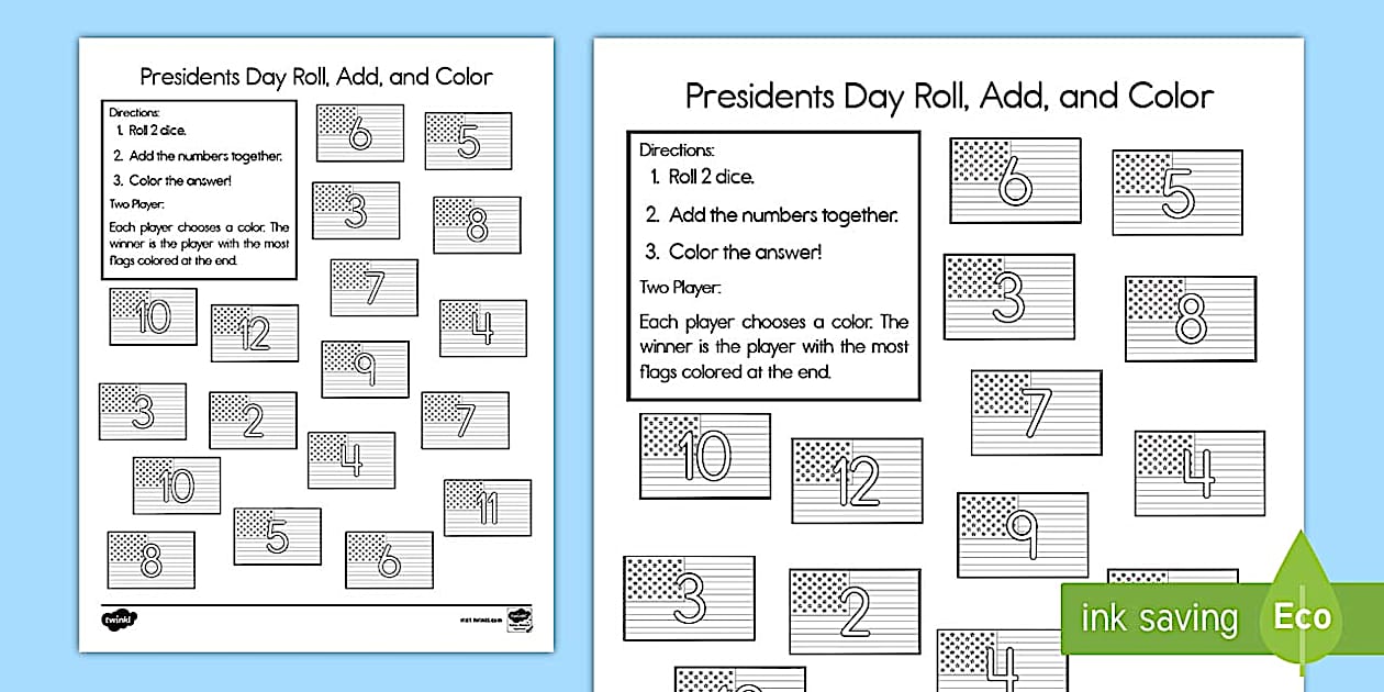 Presidents Day Roll, Add, and Color Worksheet for K-1st Grade