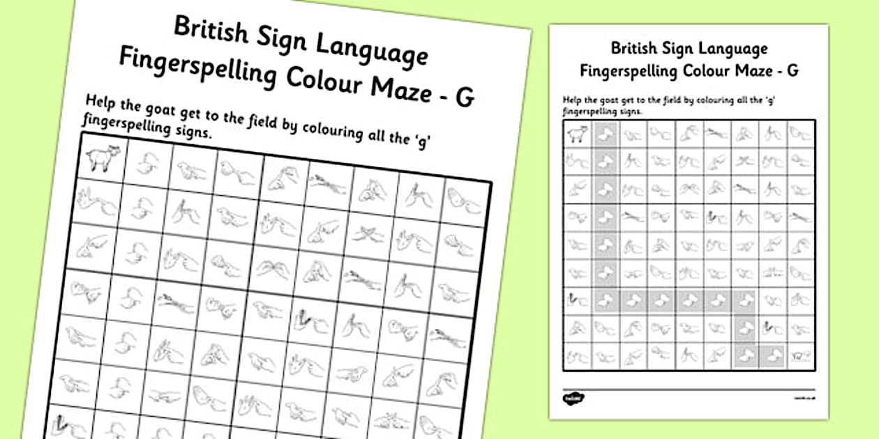 British Sign Language Left Handed Fingerspelling Color Maze G