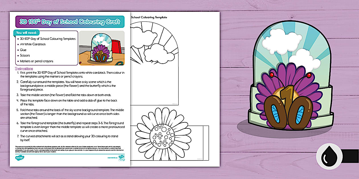 3D 100th Day of School Colouring Craft
